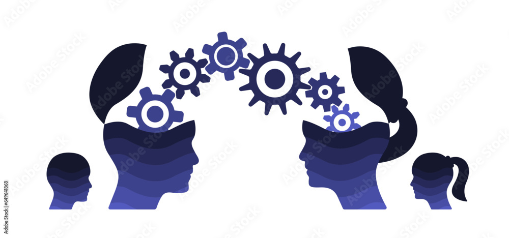 Open mind man, woman heads with gears vector illustration. Business ...