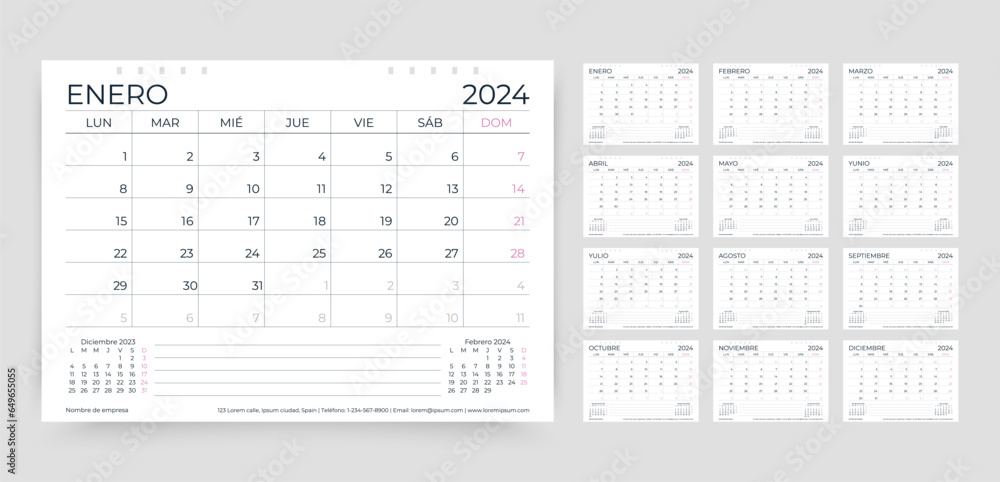 Spanish calendar for 2024. Calender template. Planner layout with 12 ...