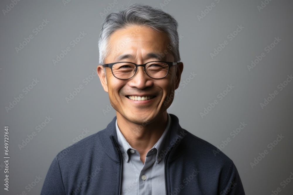 portrait of a happy Japanese man in his 50s wearing a chic cardigan ...