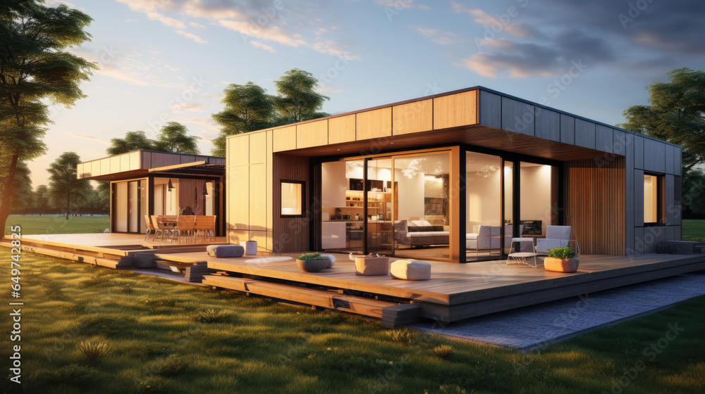 Modular houses with a single floor and expansive windows that offer ...