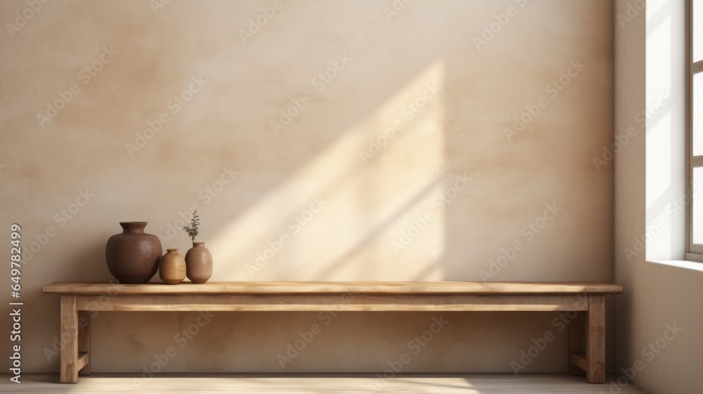 Wooden table mockup on stucco background with window shadow on the wall ...