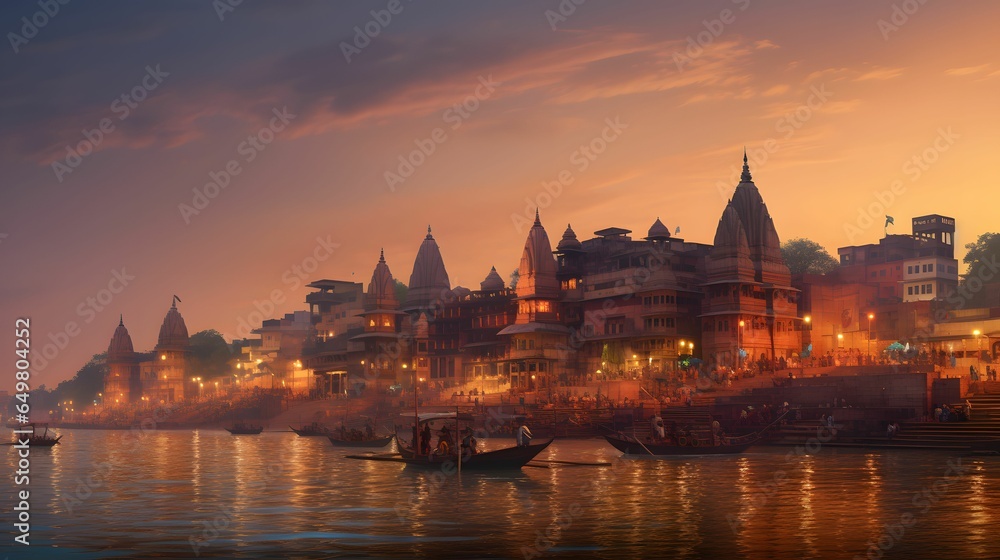 Varanasi city with ancient architecture. View of the holy Manikarnika ...