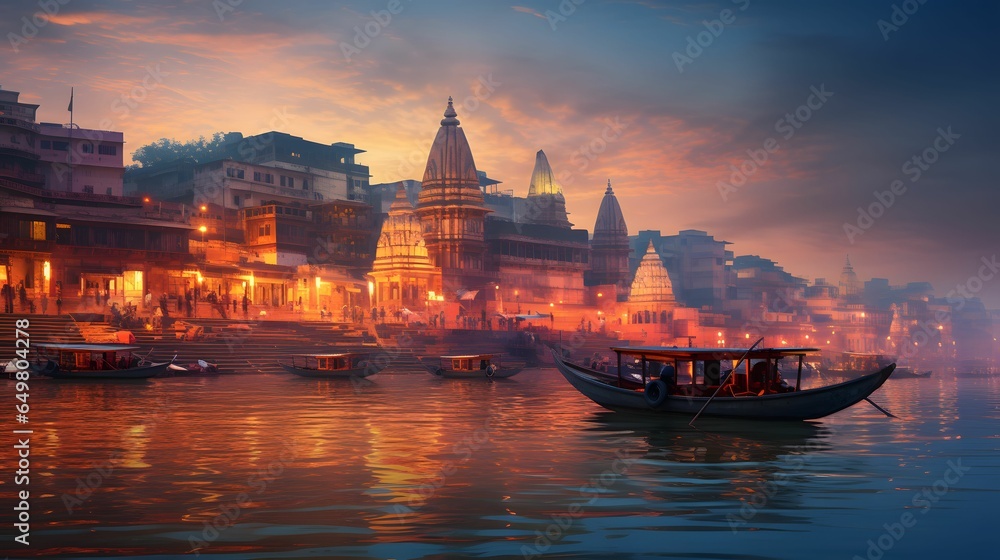 Varanasi city with ancient architecture. View of the holy Manikarnika ...