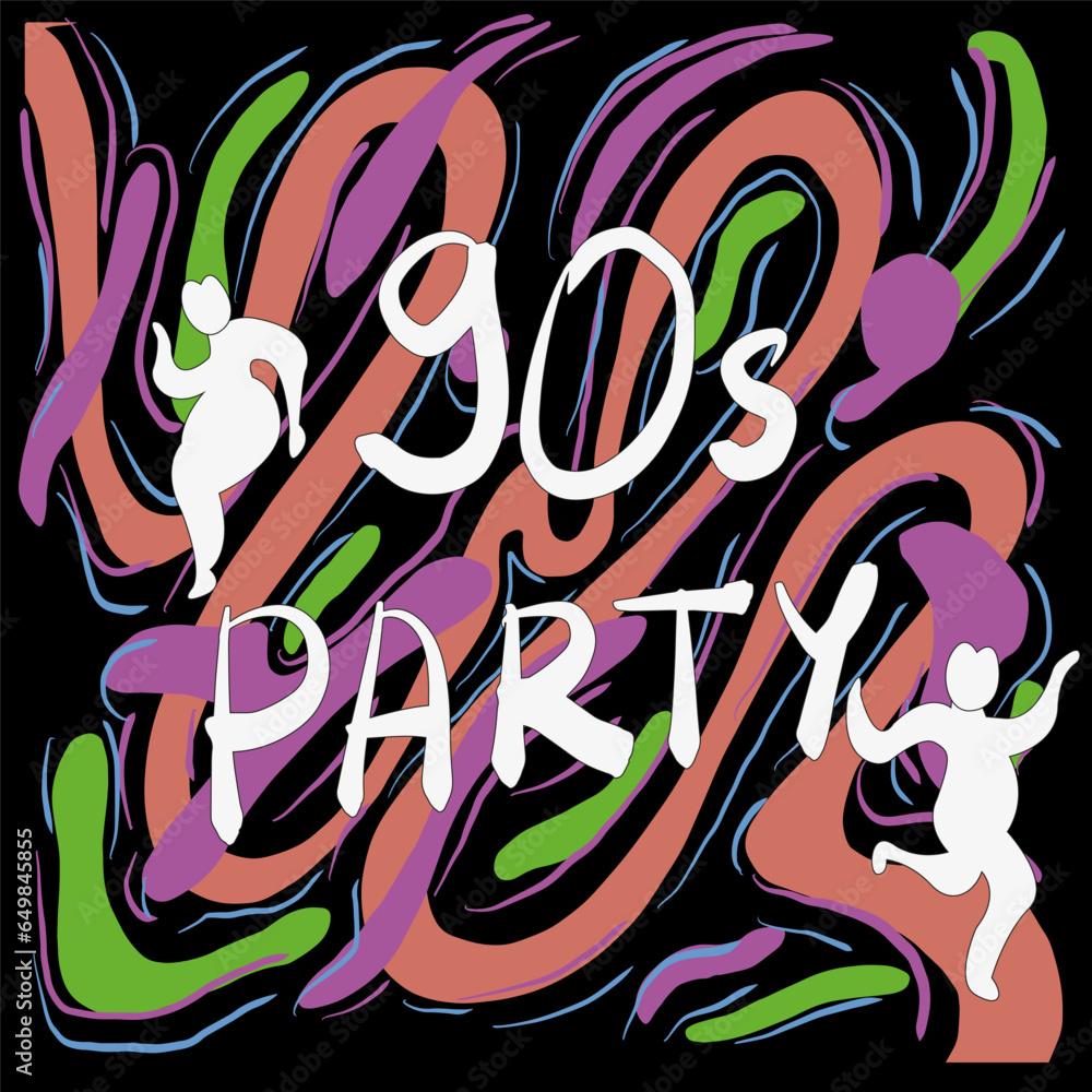 Fun vector poster in 90s style on black background, with dancing white ...