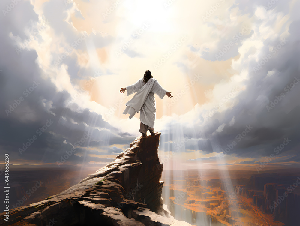 Ilustración de Stock Resurrected Jesus Christ at the mountaintop. God ...