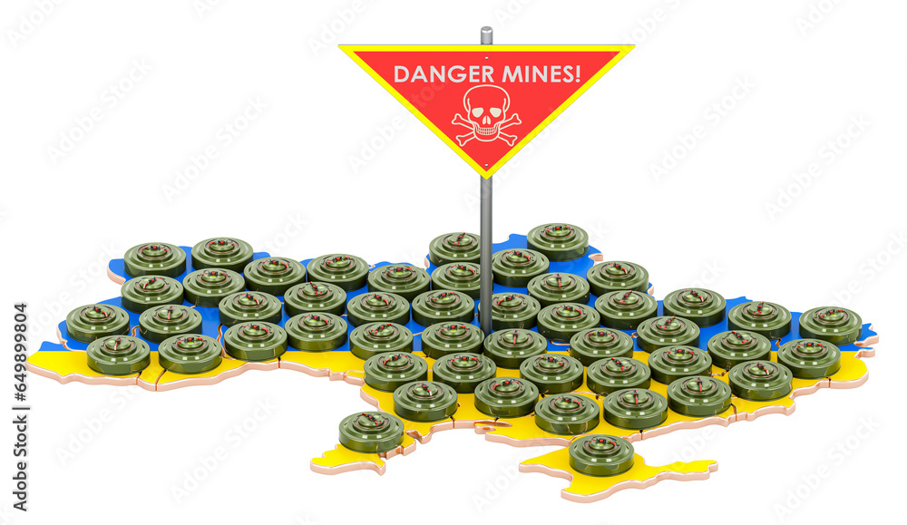 Ukrainian map with anti-tank mines and danger mines sign, 3D rendering ...