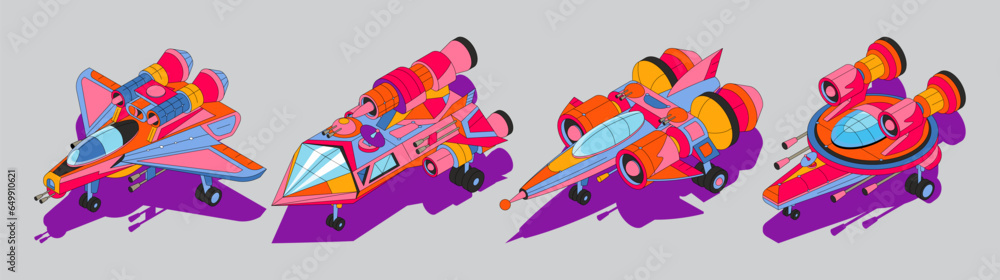 Retro futuristic spaceships, shuttles. 3D isometric old spaceship in ...