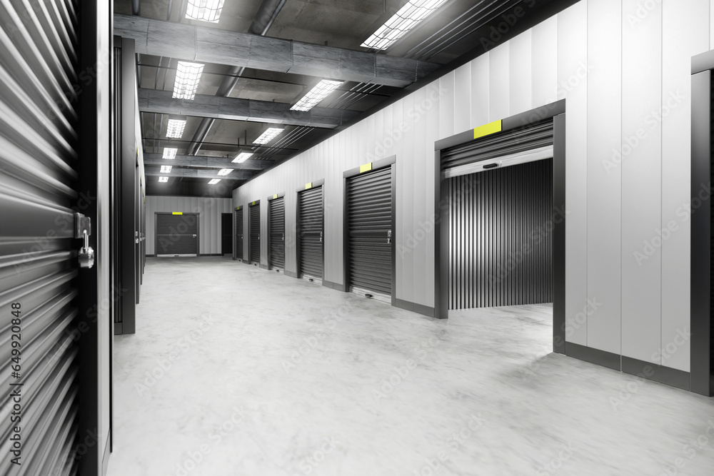 Empty building with storage rooms. Warehouse corridors with gates to ...