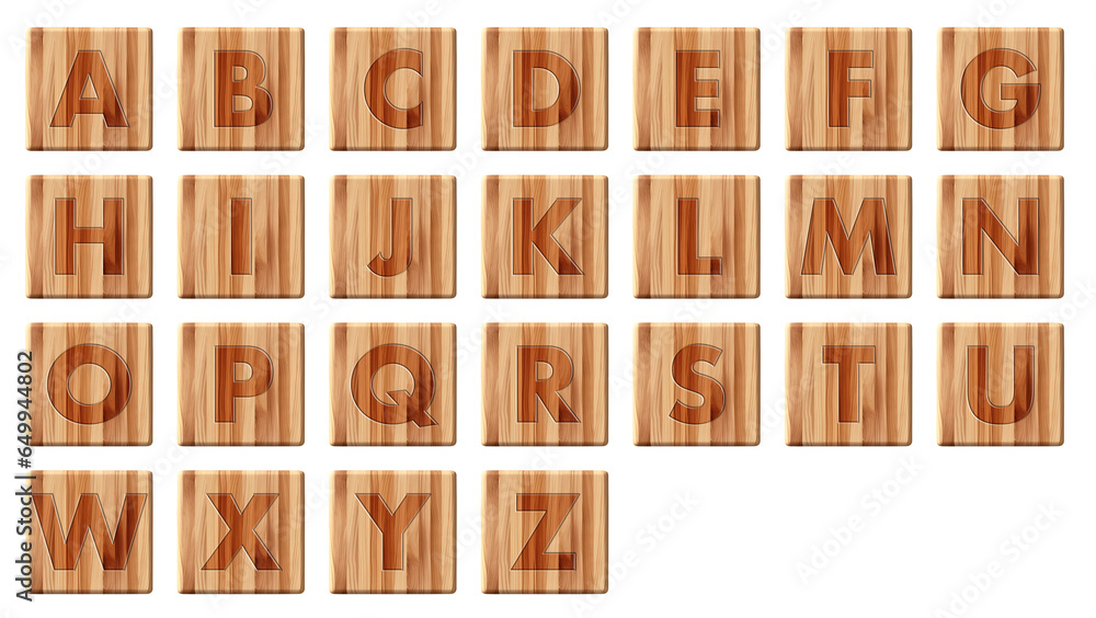 Set of wooden wood block cube alphabet letter A-Z on transparent ...