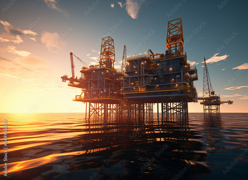 Oil platforms in the middle of sea, offshore oil rig in the sunset ...