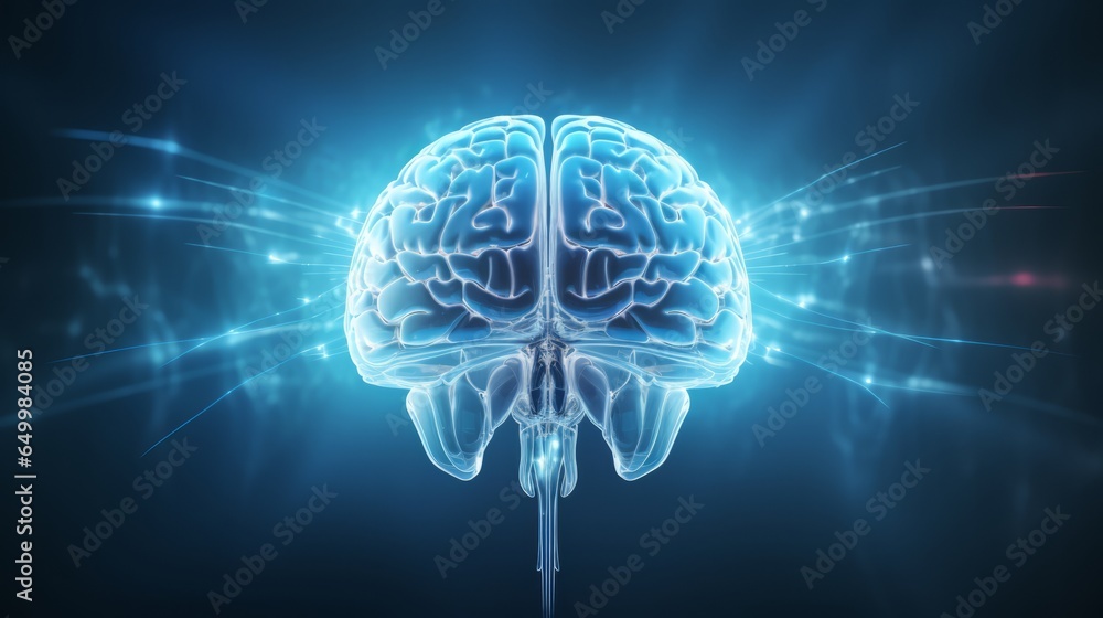 a x-ray scan of a human brain organ. anatomy of a male person. blue ...