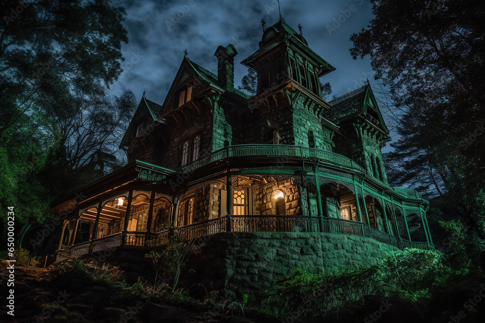 Haunted mansion, mountain, gothic, scary, night time, glow in the ...