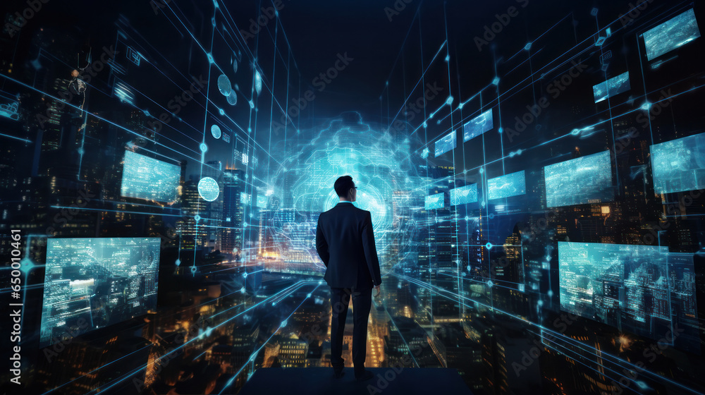 Ai tech, businessman show virtual graphic global internet connect chatgpt chat wit AI ...