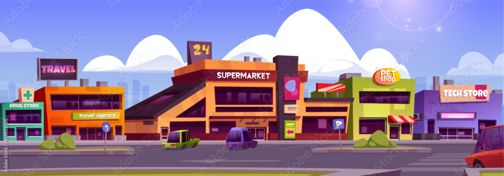 Parking with autos outside supermarket. Vector cartoon illustration of ...