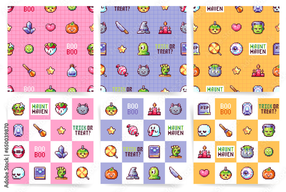 Vetor Spooky Pixel Seamless Halloween Pattern Set in 8Bit Style. Retro ...