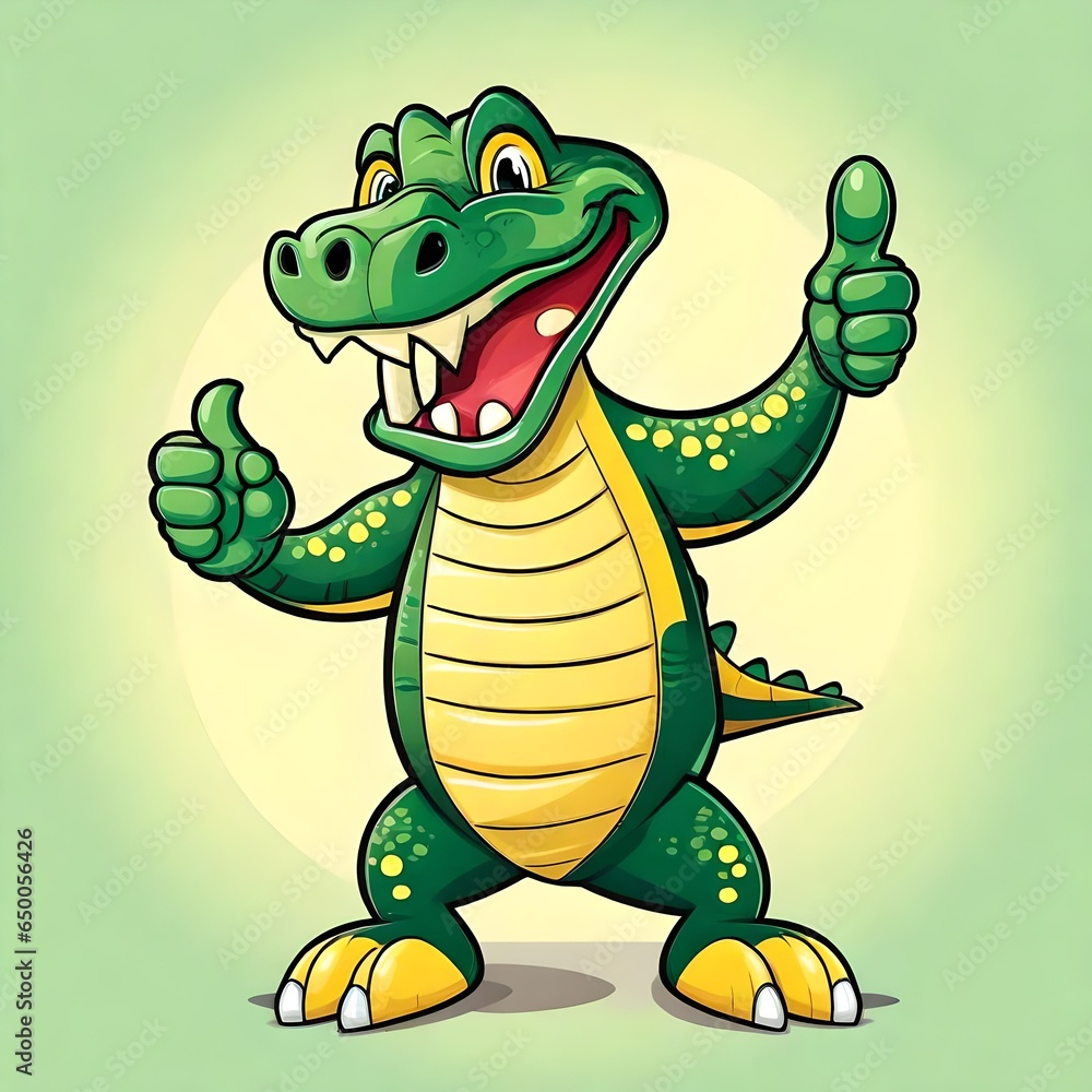 A cute happy cartoon illustration of a green and yellow alligator ...