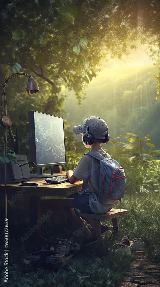 Genius Little boy as a Hacker is coding and programming on in outdoor ...