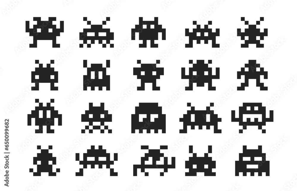 Arcade game pixel monsters characters. Retro video game vector ...