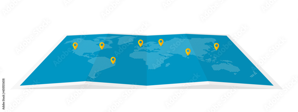 Vector illustration of four-fold world map ( drawn with circular dots ...
