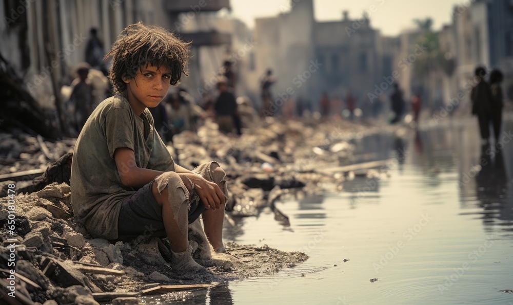 Wet and frightened boy sits amidst Derna flood ruins, a story of ...