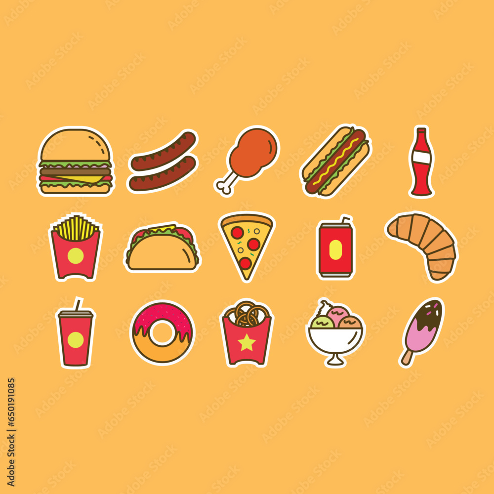 Vector flat fast food elements collection. Burger, Sausage, Drumstick ...