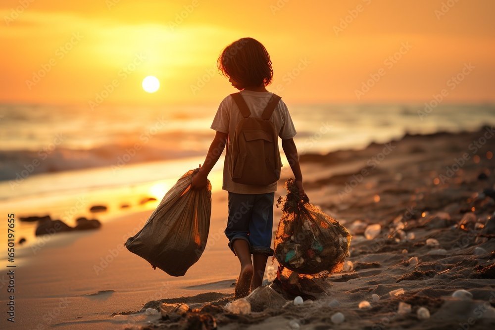 little kid collecting litter at the beach Stock Photo | Adobe Stock