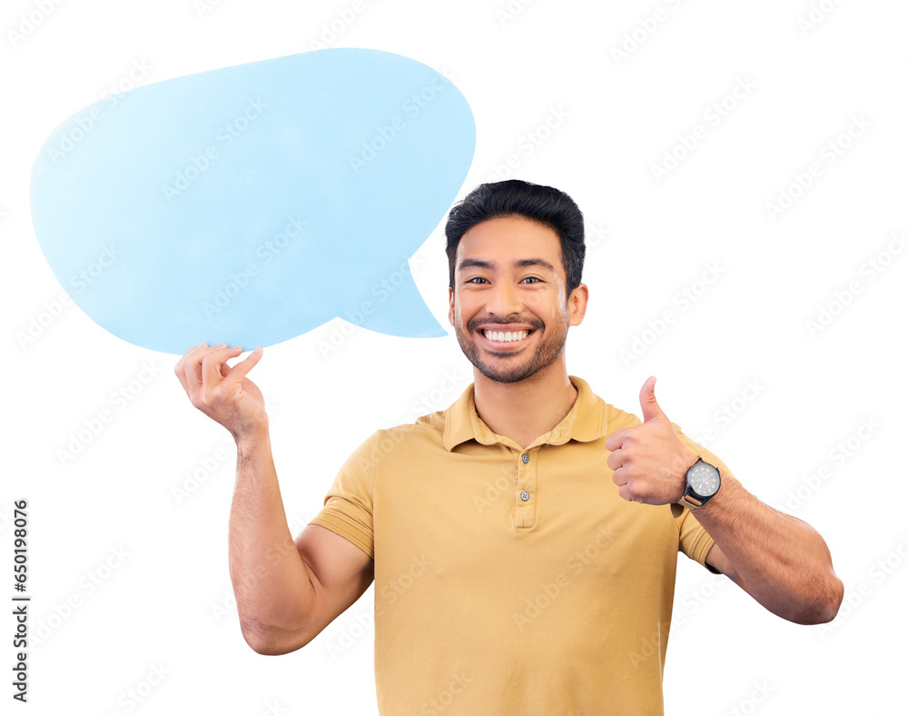 Man, speech bubble and thumbs up for social media, opinion and comment ...