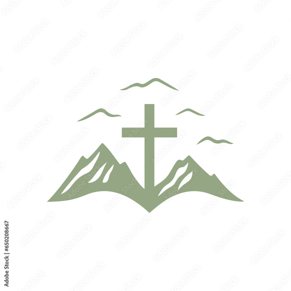 Christian cross on mountain icon. Church logo mark. Religious symbol ...