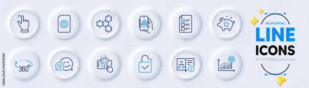 Loyalty points, Technical algorithm and Lock line icons for web app. Pack of 5g statistics, Food ...