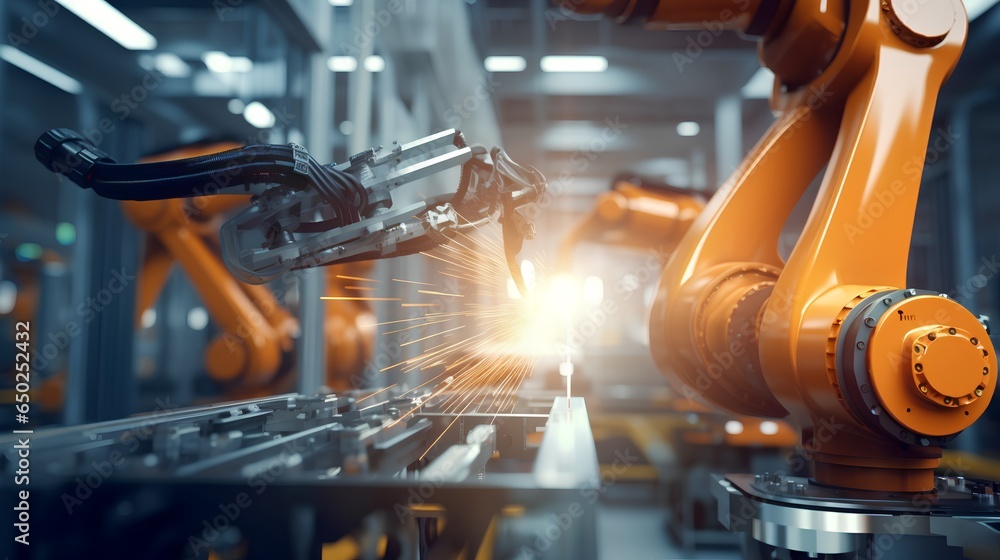 The concept of a smart factory. An industrial machine robot arm in a ...