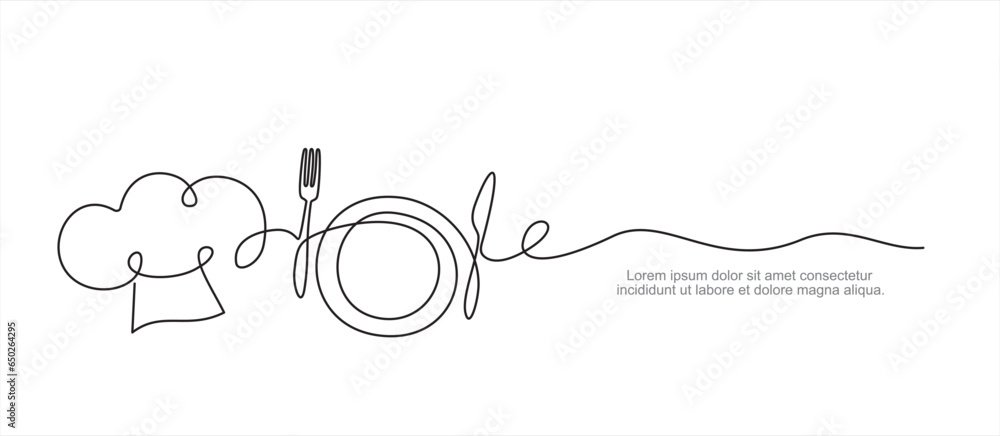 Continuous one single line drawing of fork, knife, plate and chef hat ...