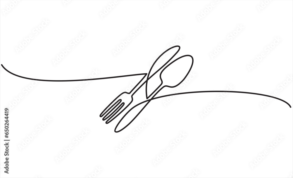 Continuous one line art or One Line Drawing of spoon and fork ...