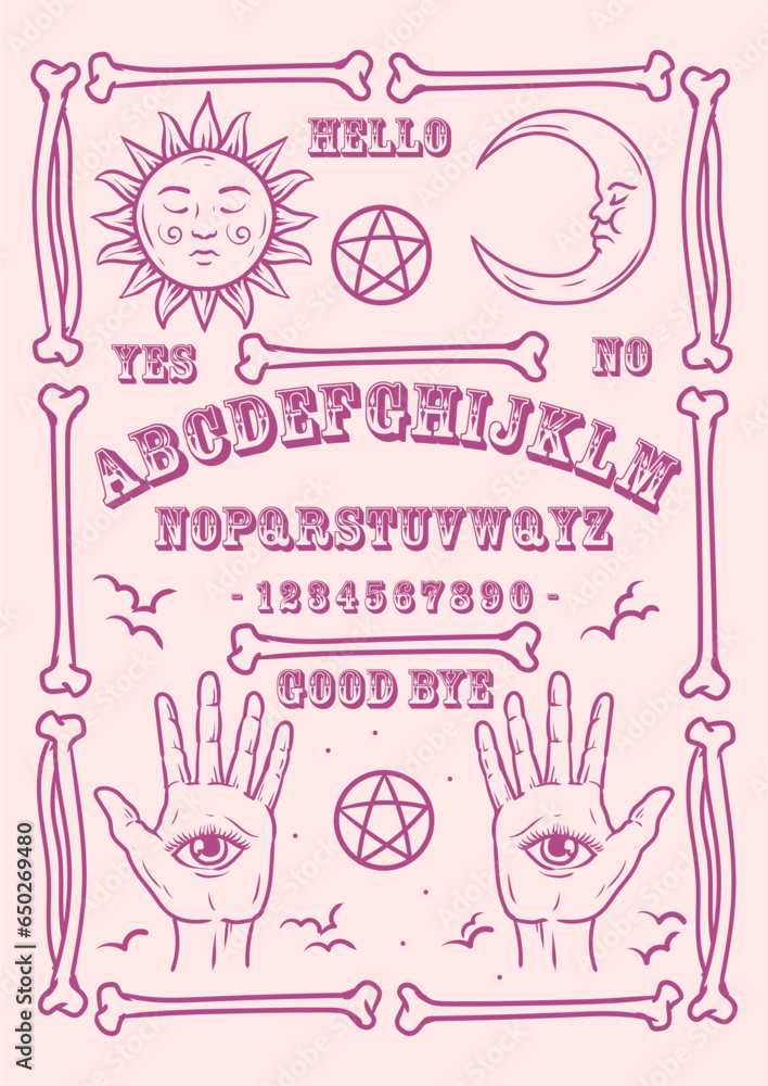 Ouija Board Illustration. Purple symbols of moon, sun, texts and ...