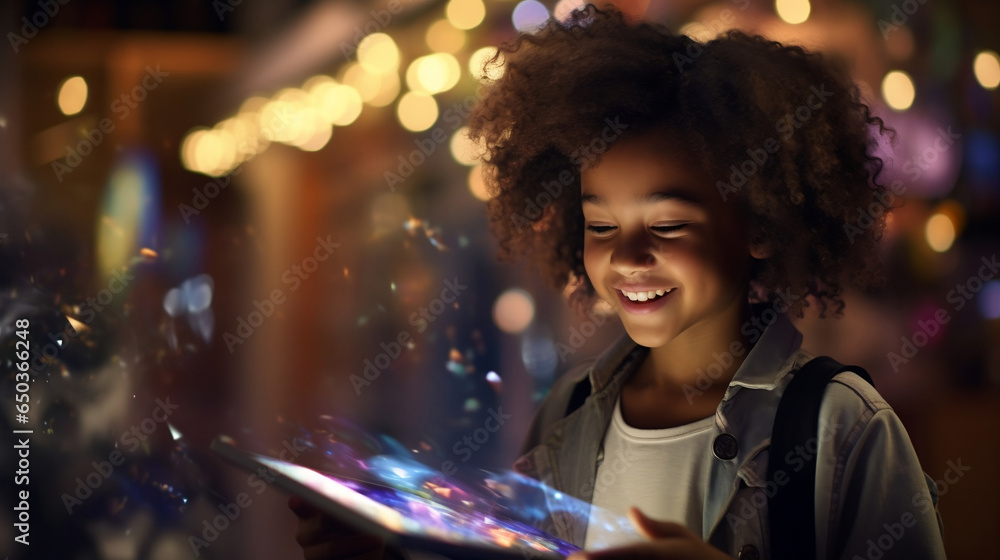 A mixed race black girl child hodling a portable mobile device and ...