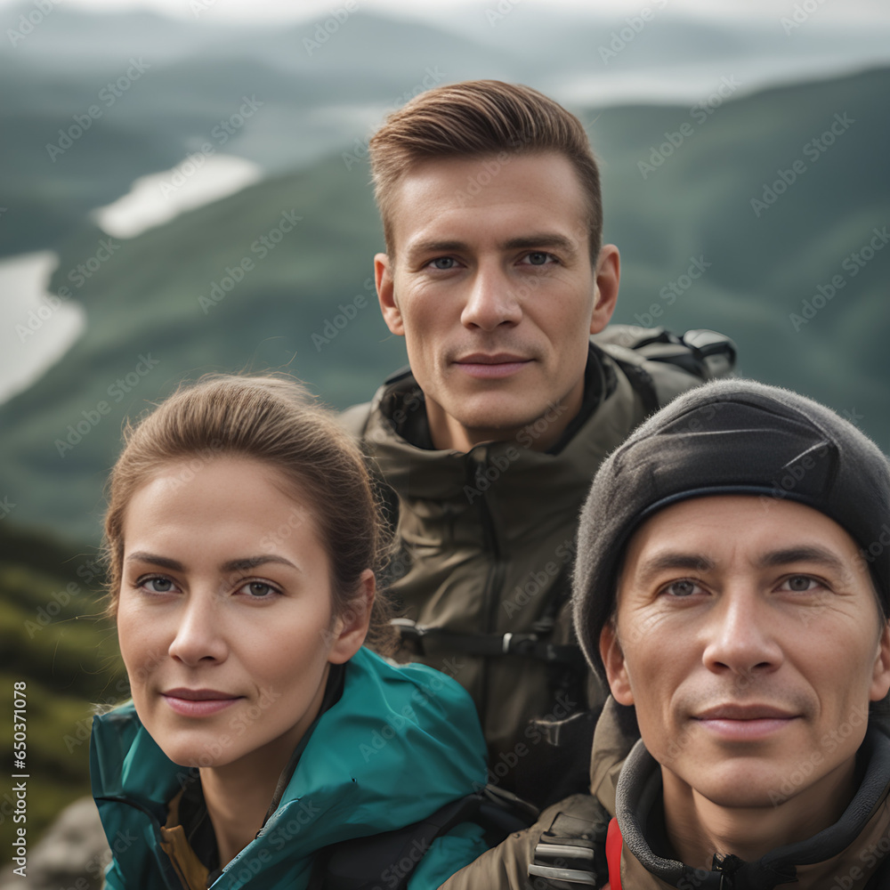 Tres personas dos hombres y una mujer con un paisaje con montañas y ...
