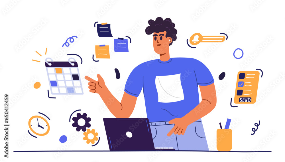 Schedule planning illustration. Trendy character planning his day ...