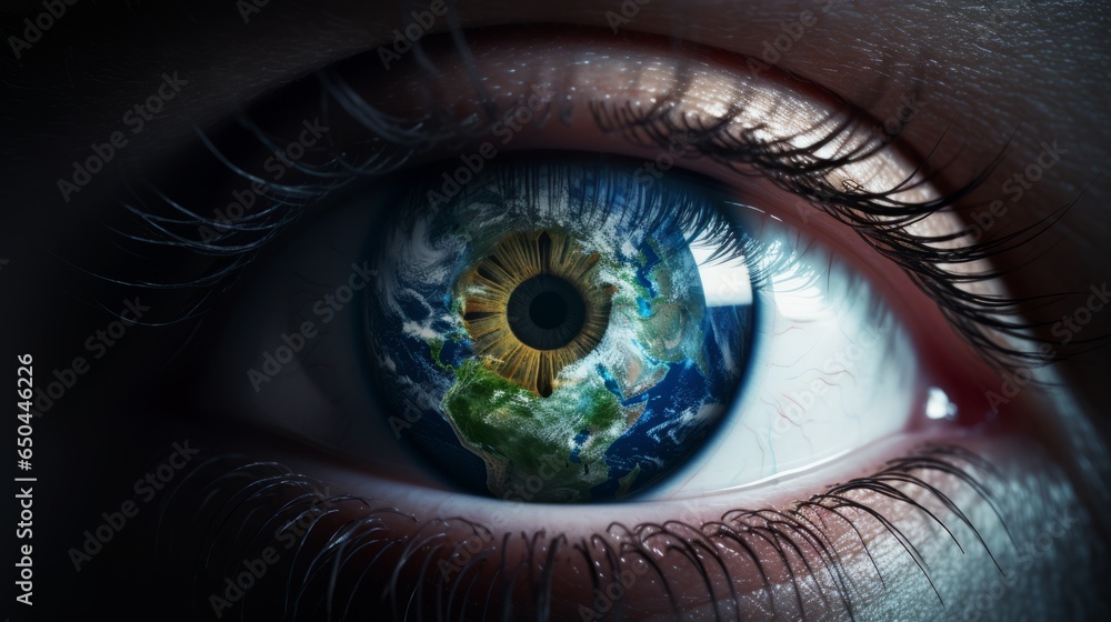 a close-up beautiful eye of a female person. with planet earth texture ...