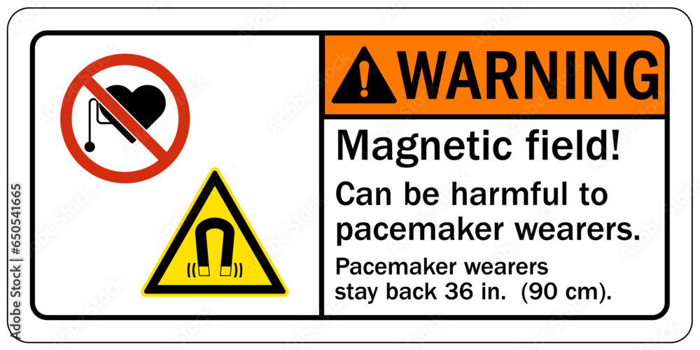 Magnetic field and pacemaker warning sign and labels Magnetic field can ...
