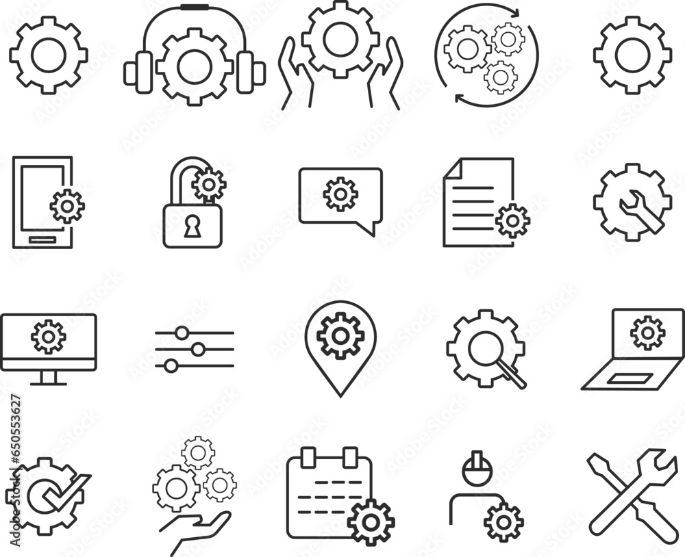 Vector set of setup line icons. Contains icons settings, installation, maintenance, update ...