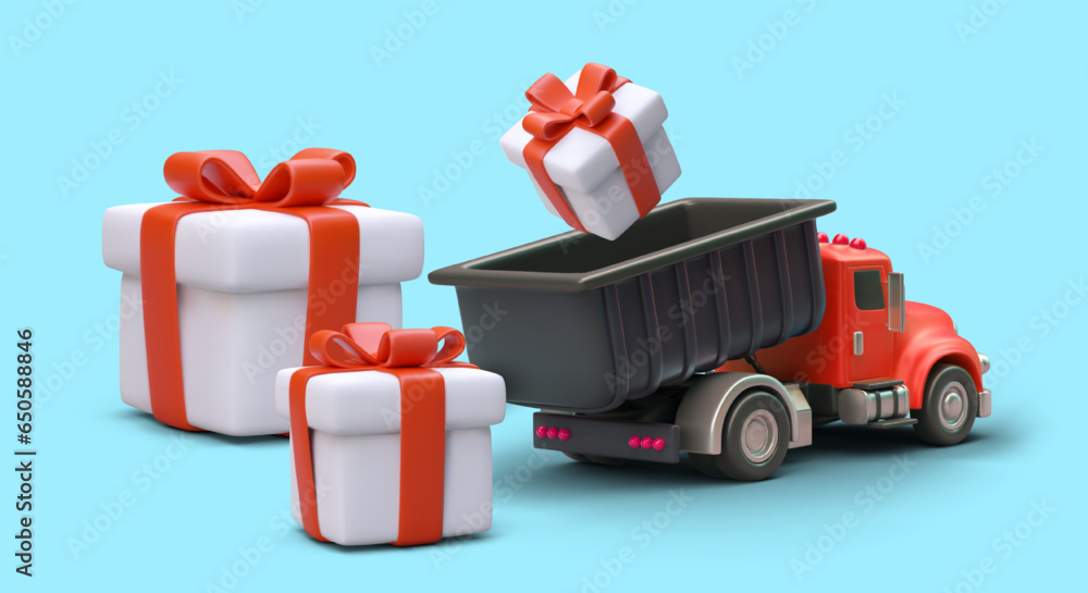3D dumper with gifts. Cute concept in cartoon style. Announcement of ...