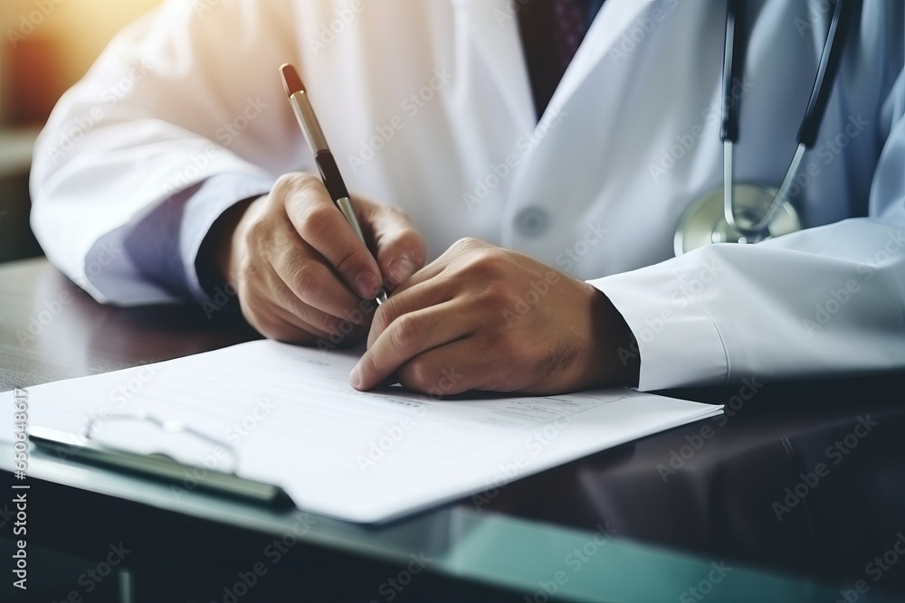Doctor taking notes in his office and writes prescriptions for his ...