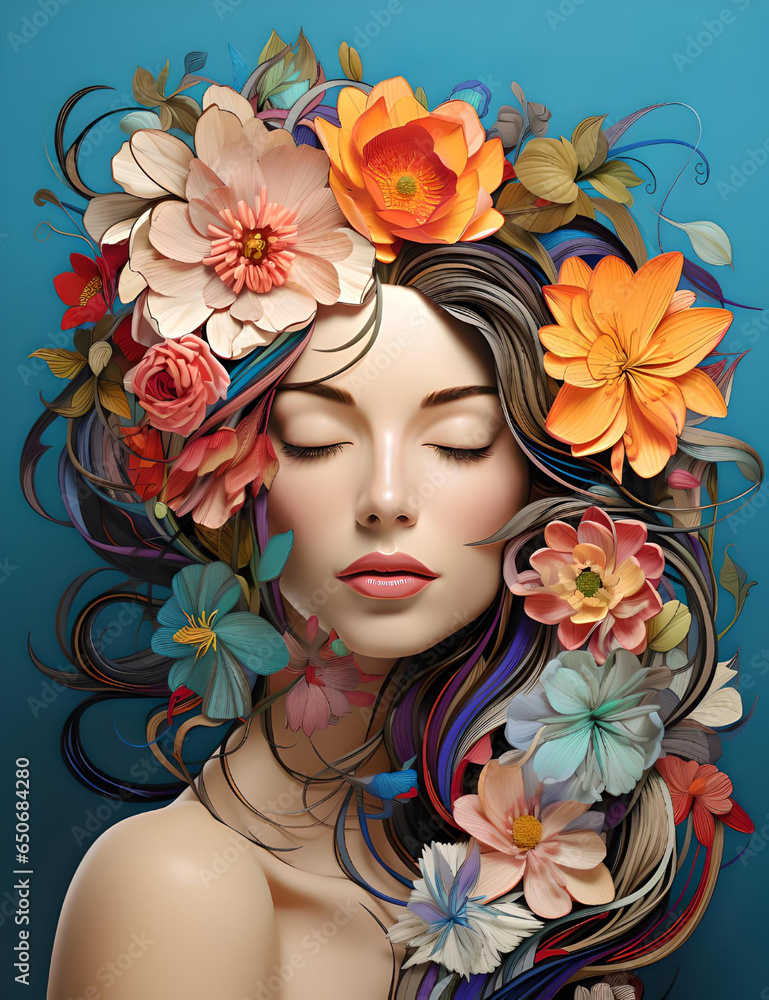 Beautiful woman with flowers, woman's face, Model face, Illustration ...