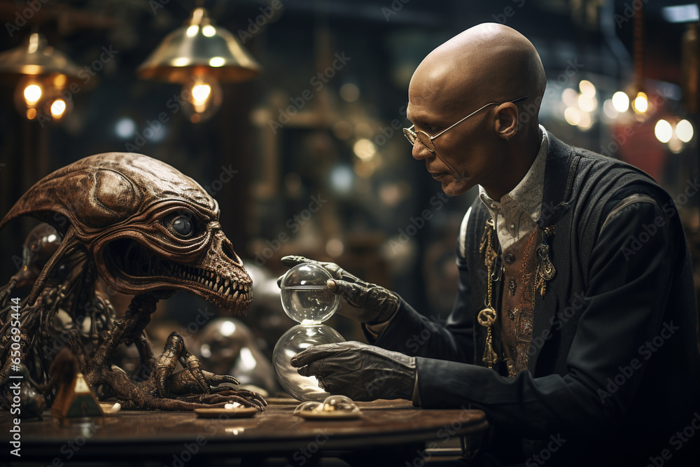 photo depicting an alien explorer examining human artifacts in a museum ...
