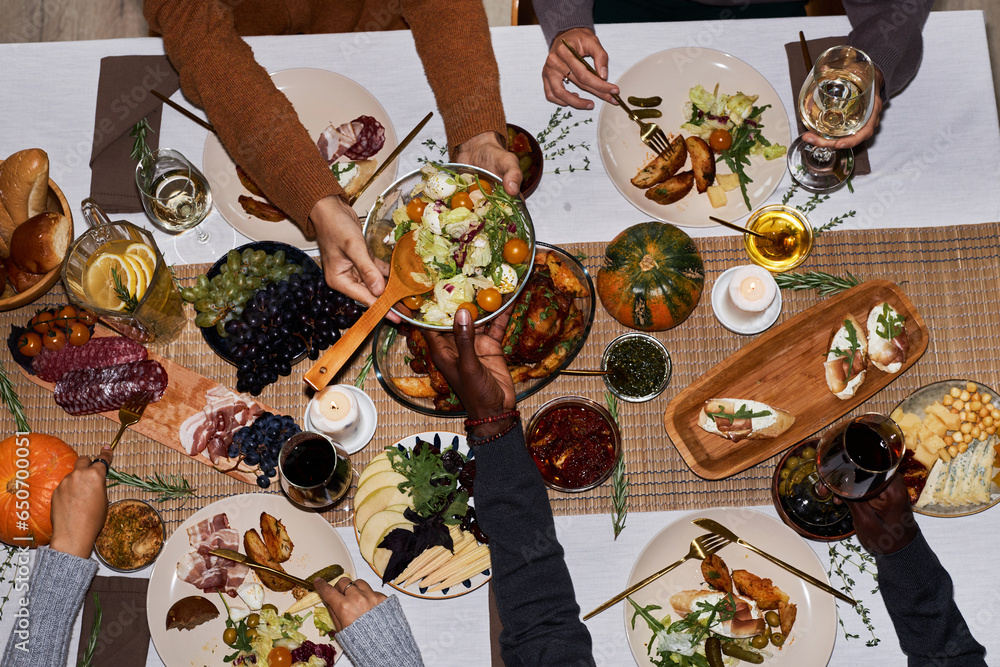 Top view background image of people eating at festive dinner table for ...