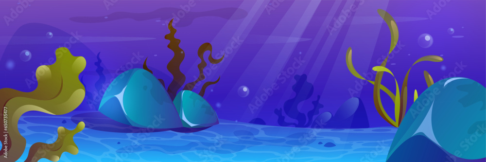 Vector cartoon illustration of ocean bottom. Underwater landscape of ...