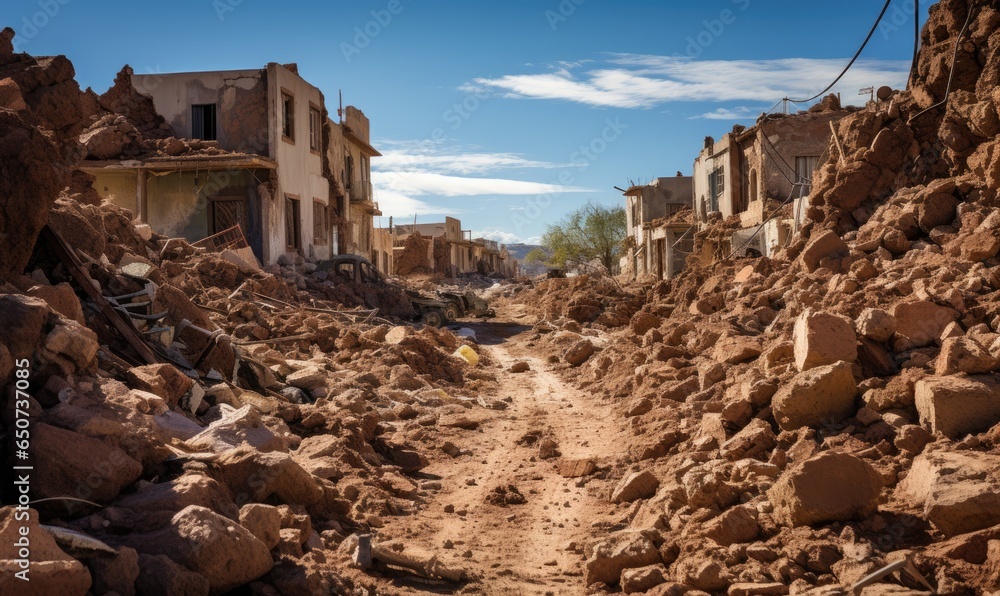 City destroyed by an earthquake. Ruined buildings houses that collapsed ...