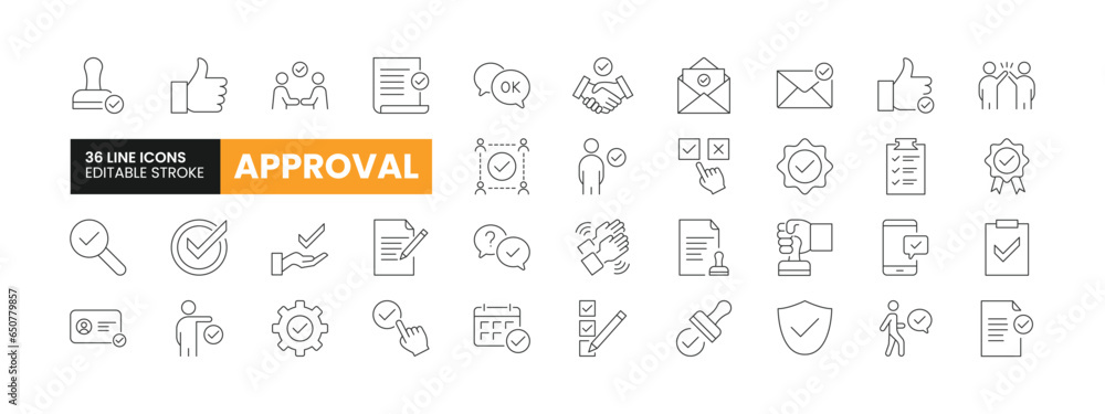 Set of 36 Approval line icons set. Approval outline icons with editable ...
