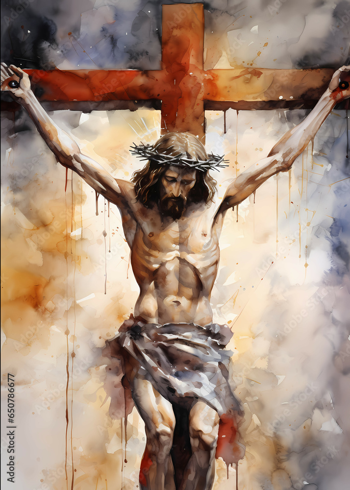 Jesus crucified dying on the cross crown of thorns bleeding watercolor ...