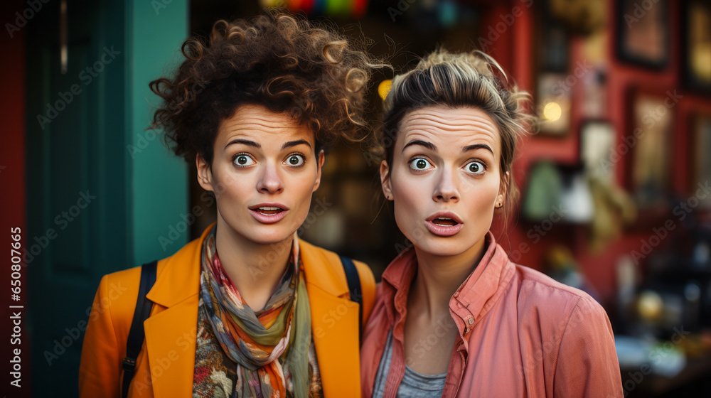 Engaging expression of a perplexed lesbian couple in a bar, showcasing ...