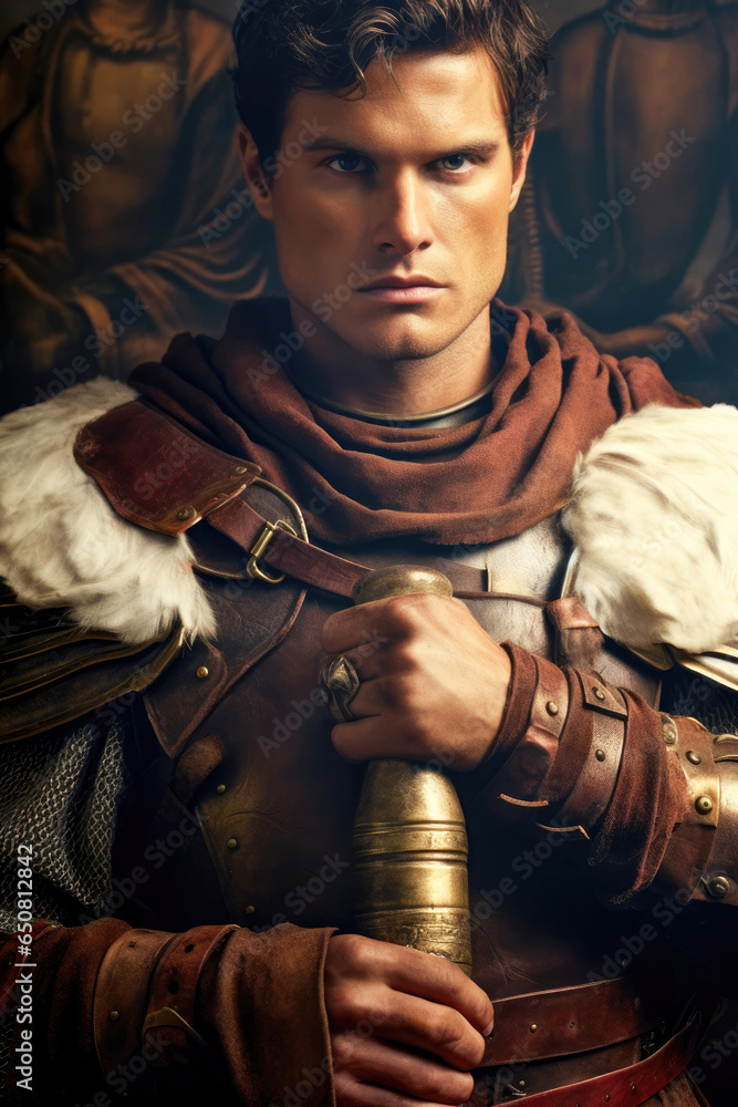 Roman messenger soldier dressed with a armor with an official scroll to ...